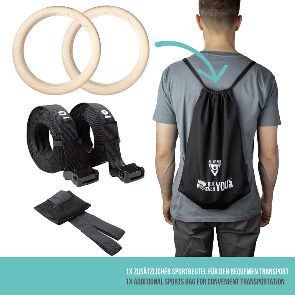 Premium Turnringe aus Holz mit breiten Gurten, Sportbeutel & Türanker
