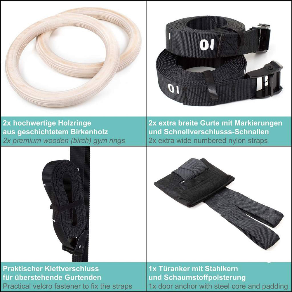 Premium Turnringe aus Holz mit breiten Gurten, Sportbeutel & Türanker